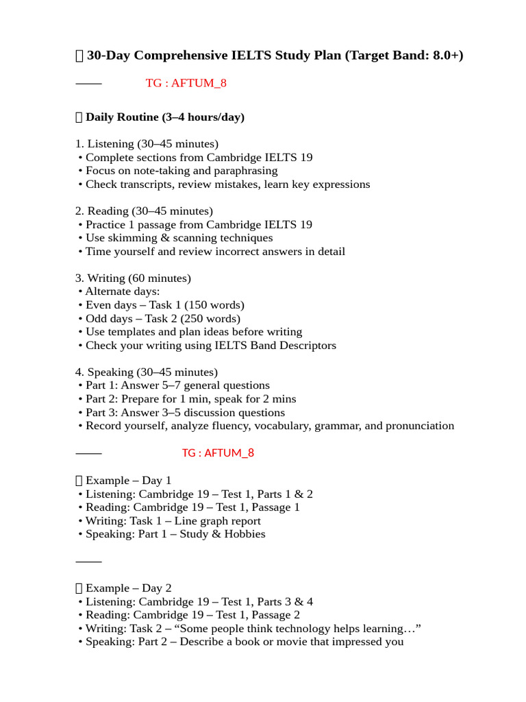 30-Day IELTS Study Plan for Band 8 | PDF