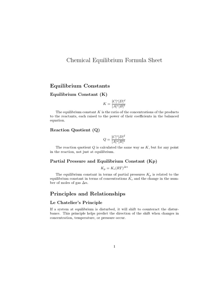 Chemical Equilibrium Formula Sheet From Vidyamandir Notes | PDF ...