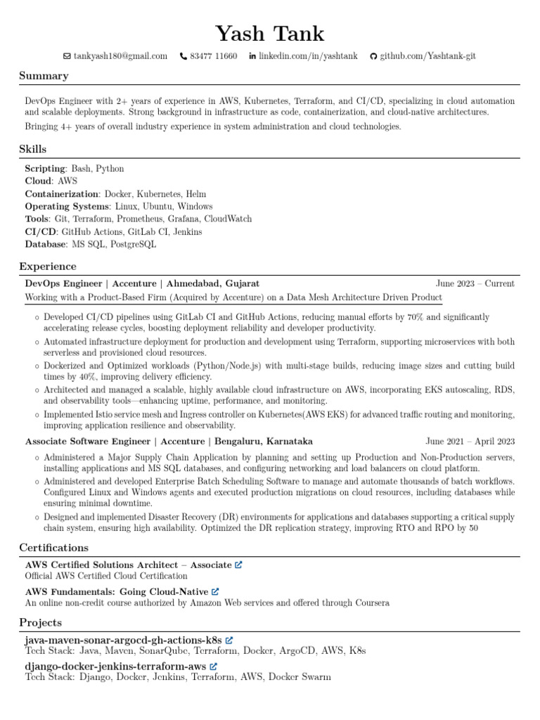Yash Tank - DevOps Engineer | PDF | Cloud Computing | Amazon Web Services