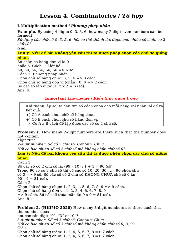 (CH A) Lesson 4. Combinatorics - T H P | PDF