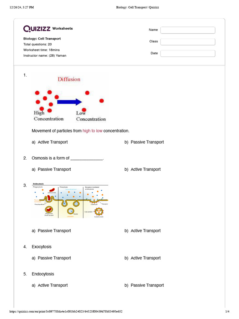Quizizz - Biology - Cell Transport | PDF | Osmosis | Biochemistry
