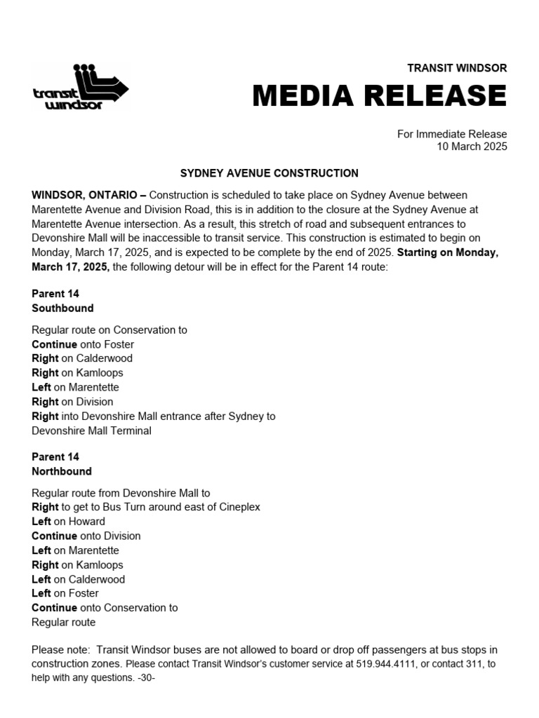 Parent 14 Route Detour Notice | PDF