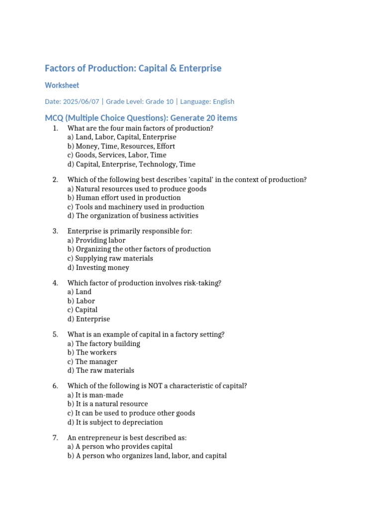 Factors of Production Worksheet Answers | PDF | Capital (Economics) | Goods