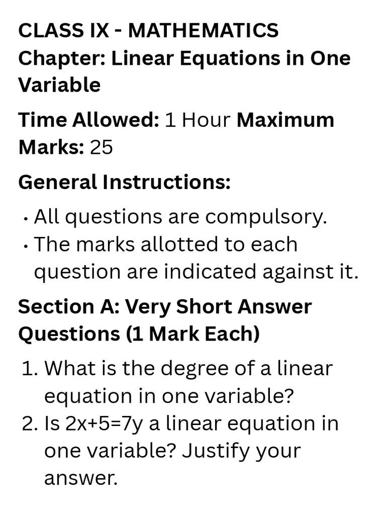 LASS IX - MATHEMATICS Chapter Linear Equations in One Variable | PDF