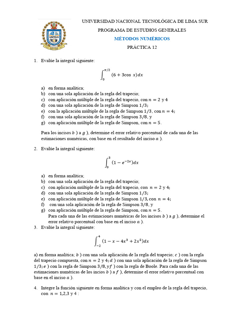 Práctica 12 Métodos Numéricos 2025-1 | PDF | Integral | Cálculo
