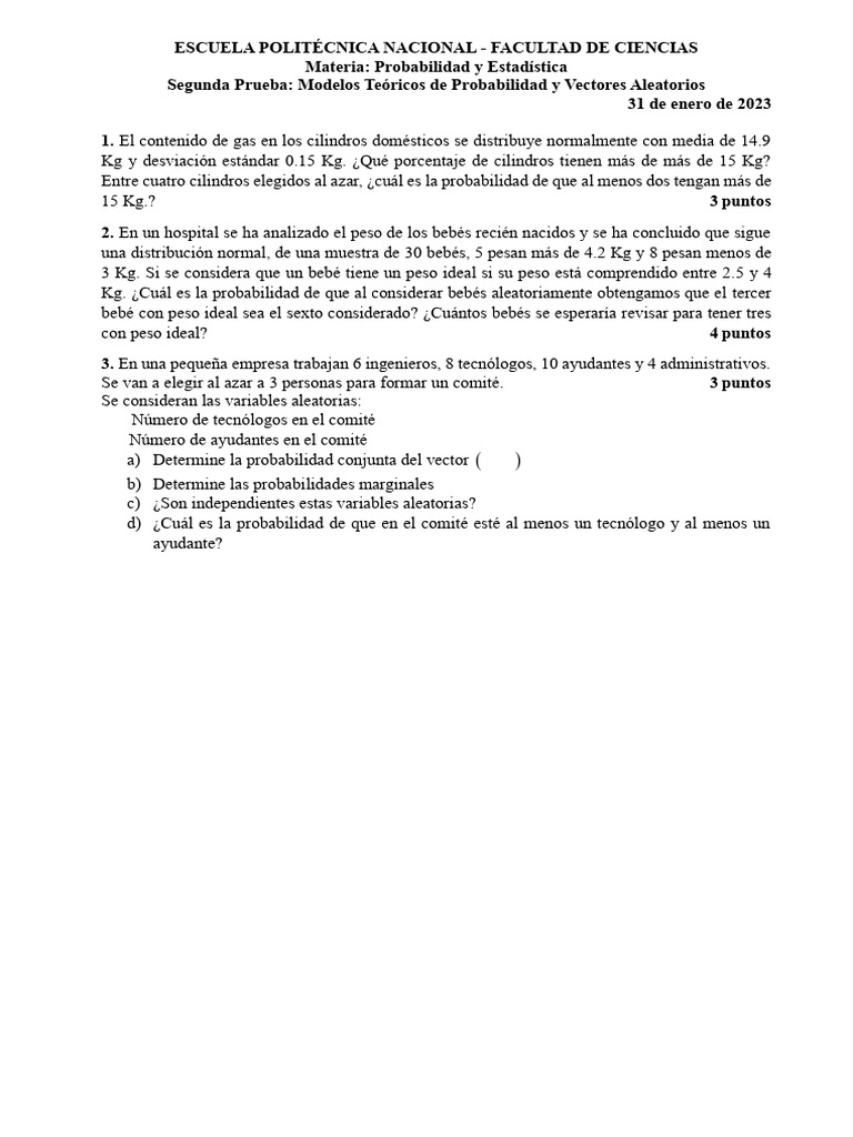 Segunda Prueba de Modelos de Probabilidad y Vectores Aleatorios 31-01-2023 | PDF