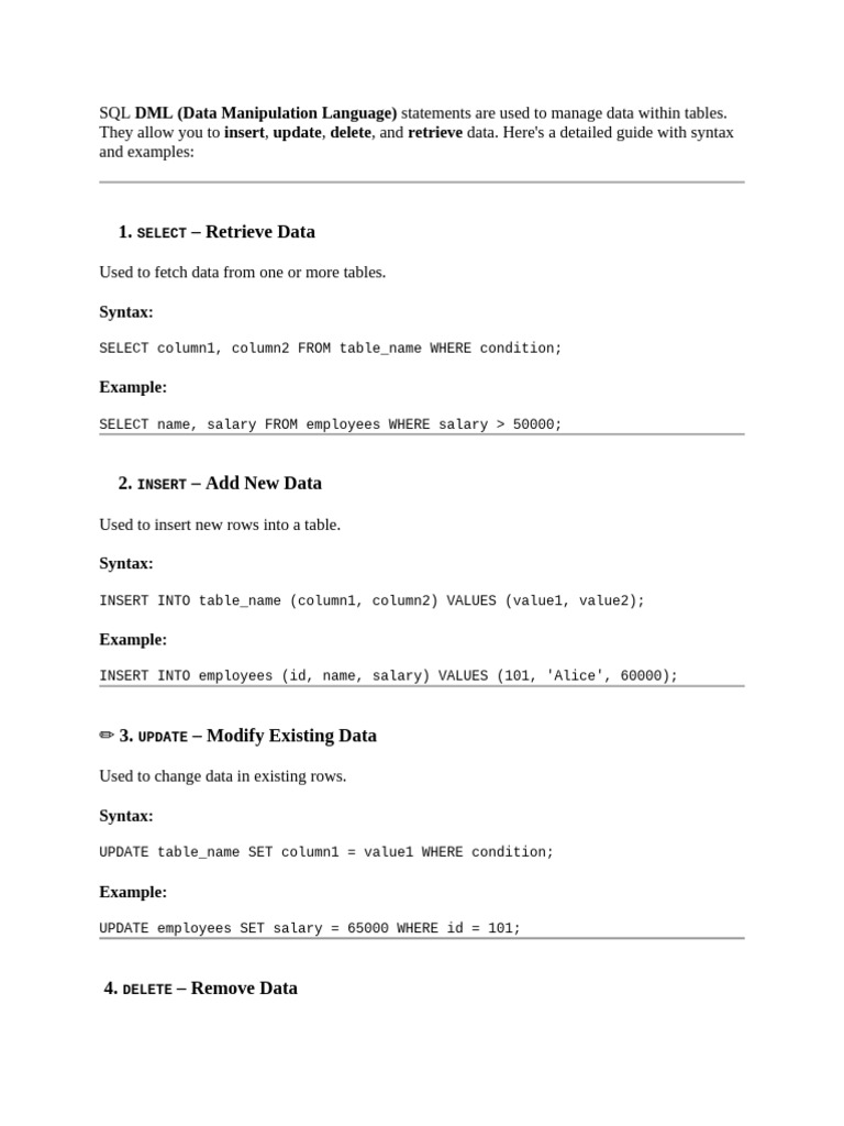 SQL DML Statements With Examples | PDF | Information Technology Management | Computer Data