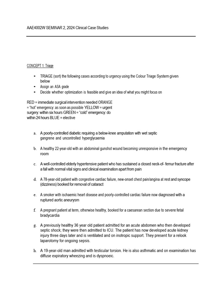 SEMINAR 2 Clinical Case Studies 2024 | PDF | Anesthesia | Sepsis