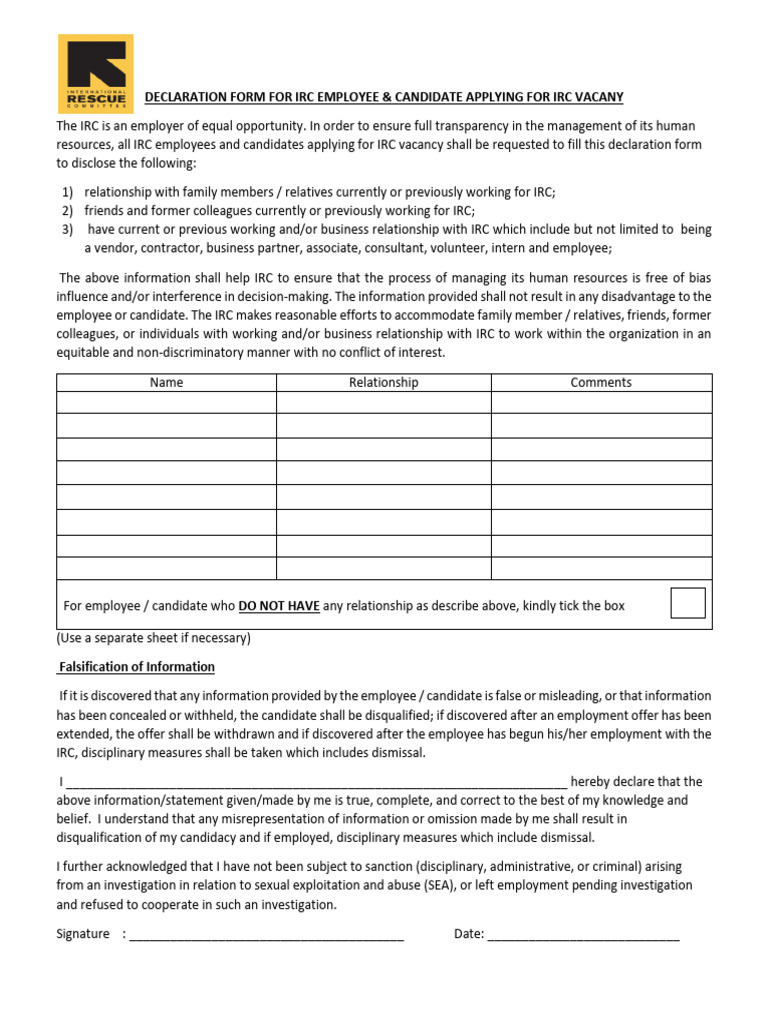 Revised-Declaration Form For IRC Employee & Candidate Applying For IRC ...