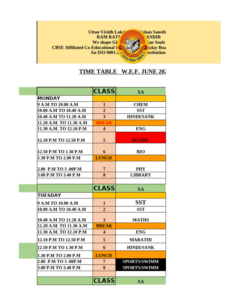 New Time Table From June X A &B | PDF