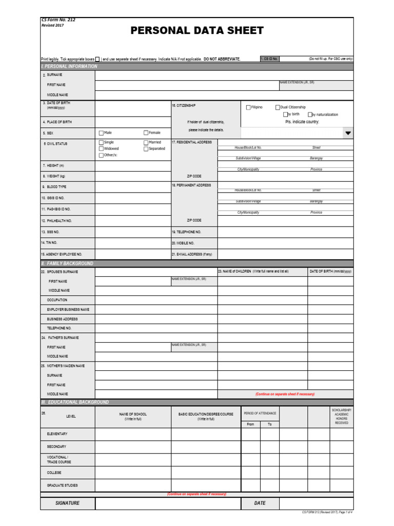 CS Form No. 212 Revised-2017 Personal-Data-Sheet | PDF | Passport ...
