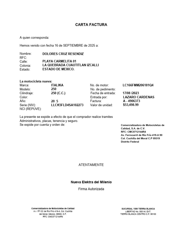 Carta Factura Moto Italika 2025 | PDF