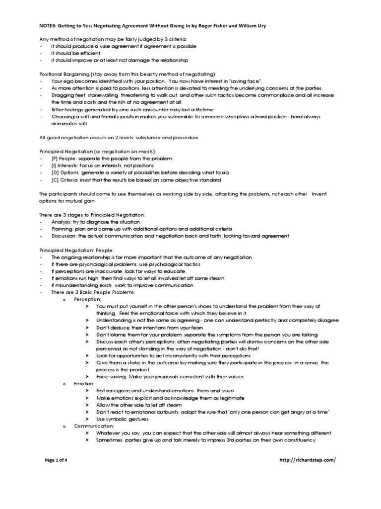 Notes Getting To Yes | PDF | Negotiation | Emotions