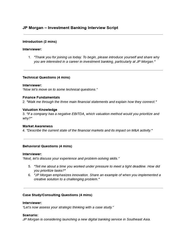 JP Morgan - Investment Banking Interview Script | PDF