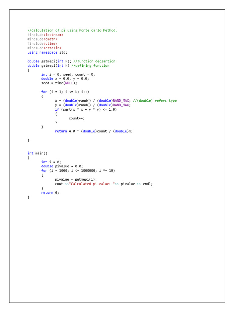 Monte Carlo Method (Pi Value) C++ | PDF