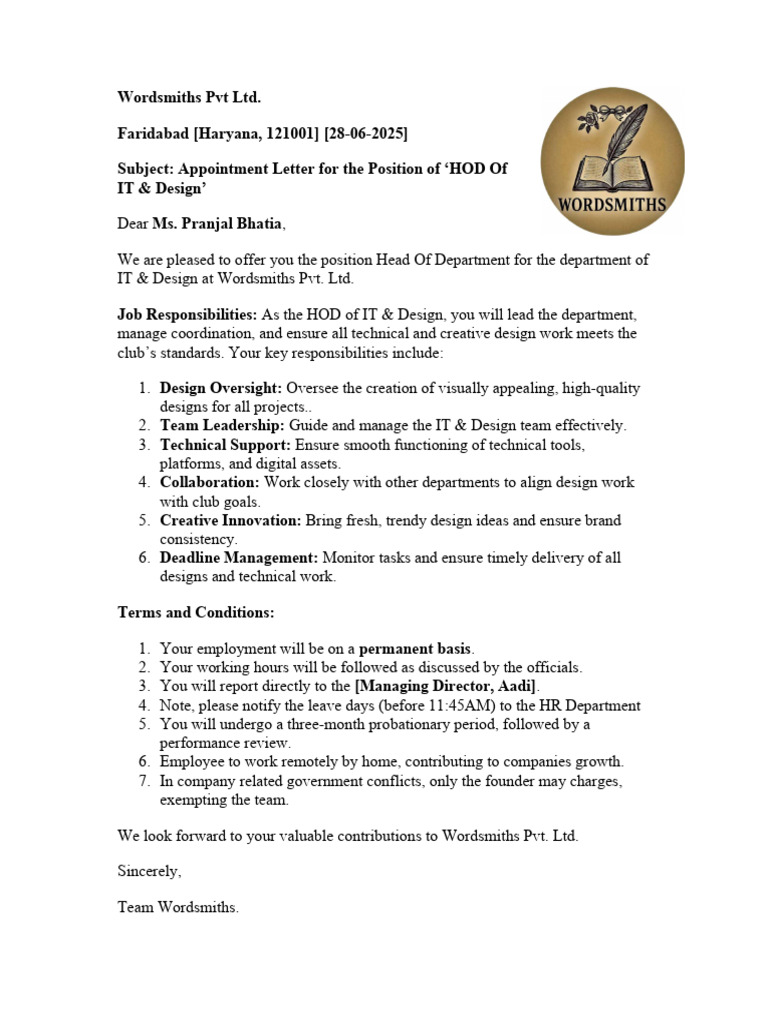 Appointment Letter Pranjal Bhatia Wordsmiths PVT Ltd. | PDF