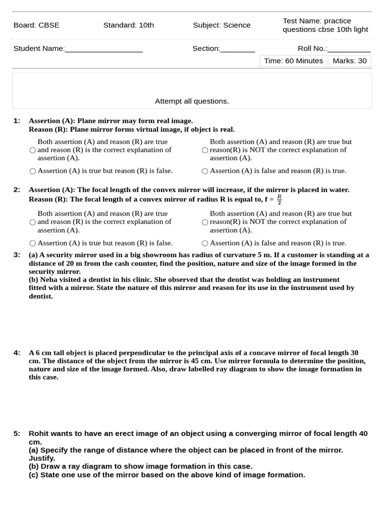 CBSE 10th Light Practice Test | PDF | Refractive Index | Mirror