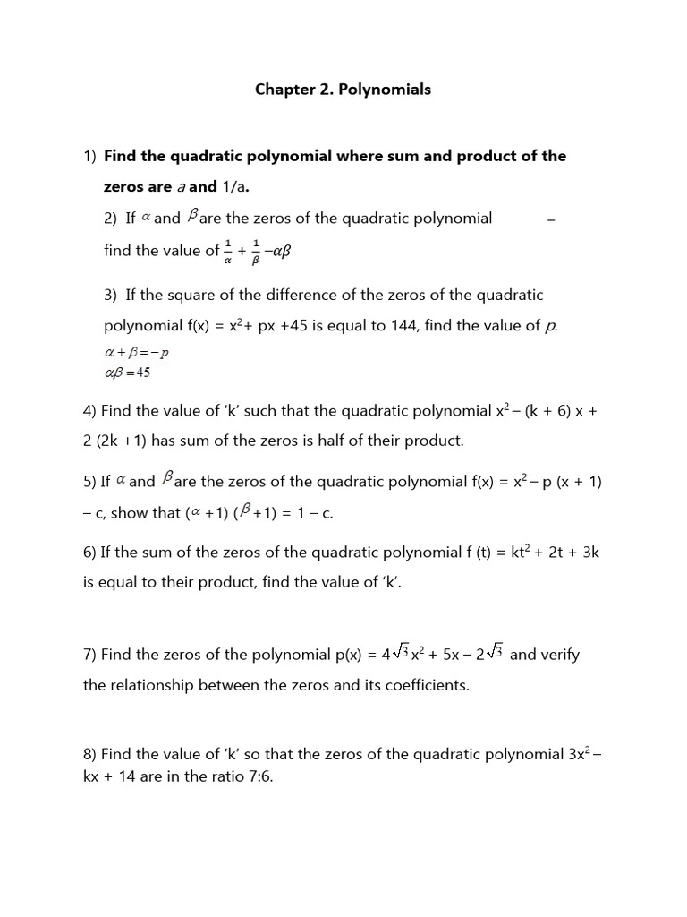 Holiday Homework Class X Maths | PDF | Polynomial | Zero Of A Function