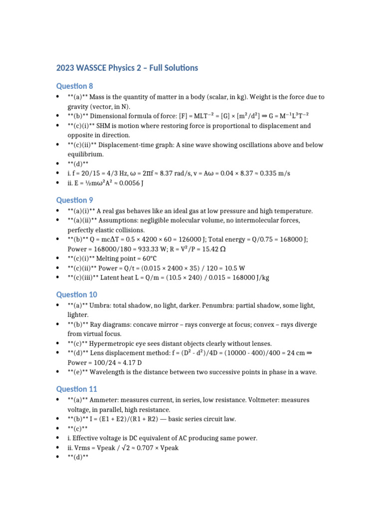 2023 WASSCE Physics 2 Solutions | PDF | Gases | Force