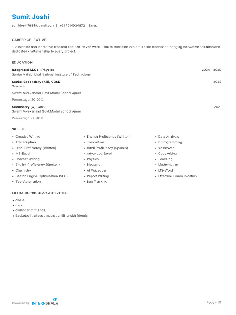 SumitJoshi InternshalaResume | PDF