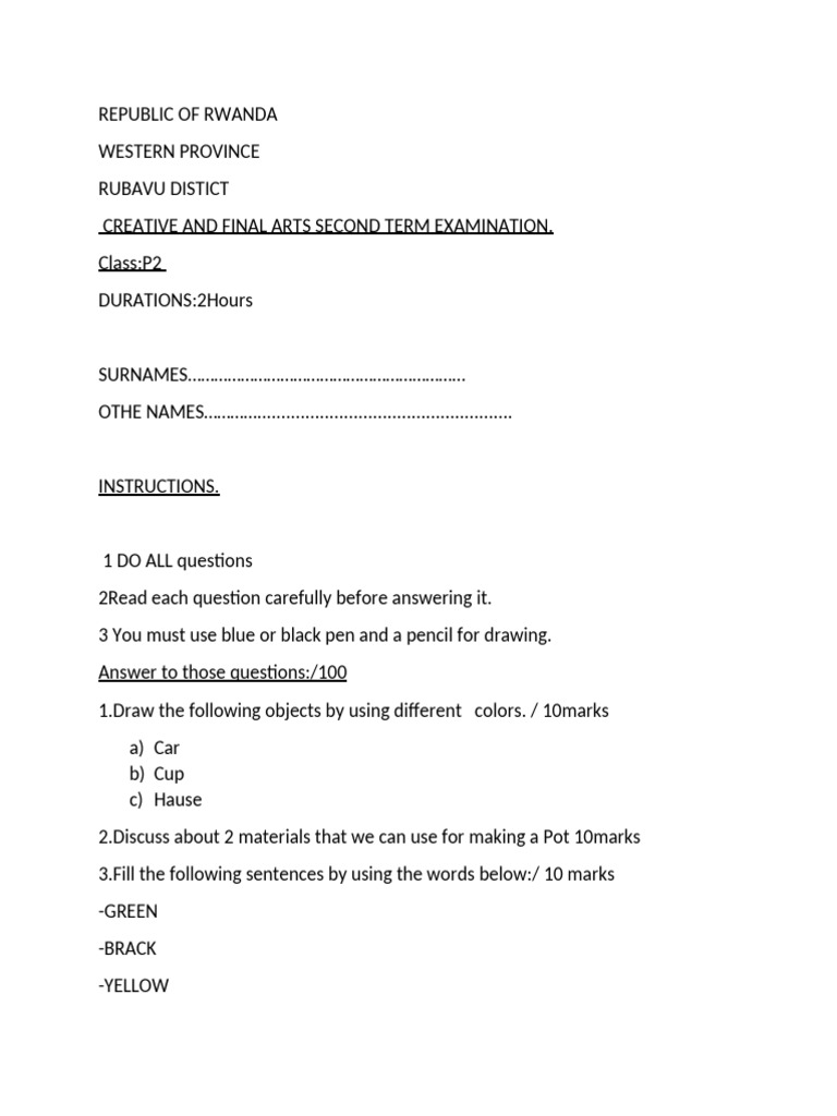 P2 Creative Arts Exam Paper | PDF