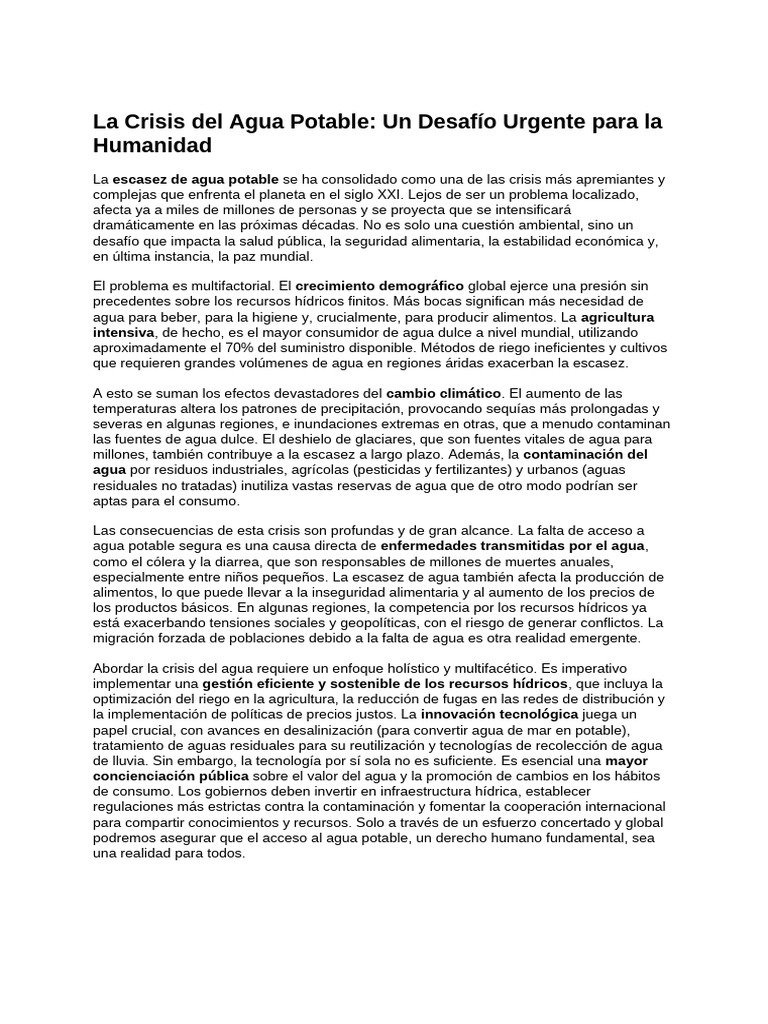 Crisis Global del Agua Potable | PDF | Agua | Escasez de agua