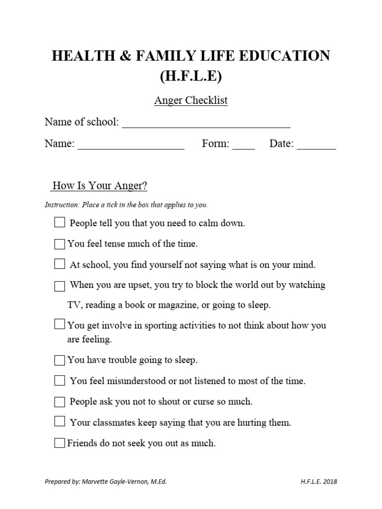 Health & Family Life Education Anger Checklist | PDF