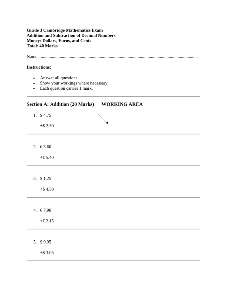 Grade 3 Math Exam: Decimals & Money | PDF