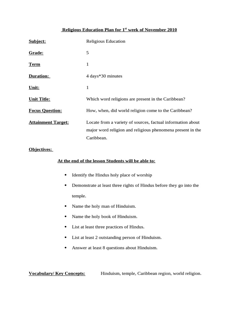 Religious Education Plan For 1st Week of November 2010 | PDF | Worship ...