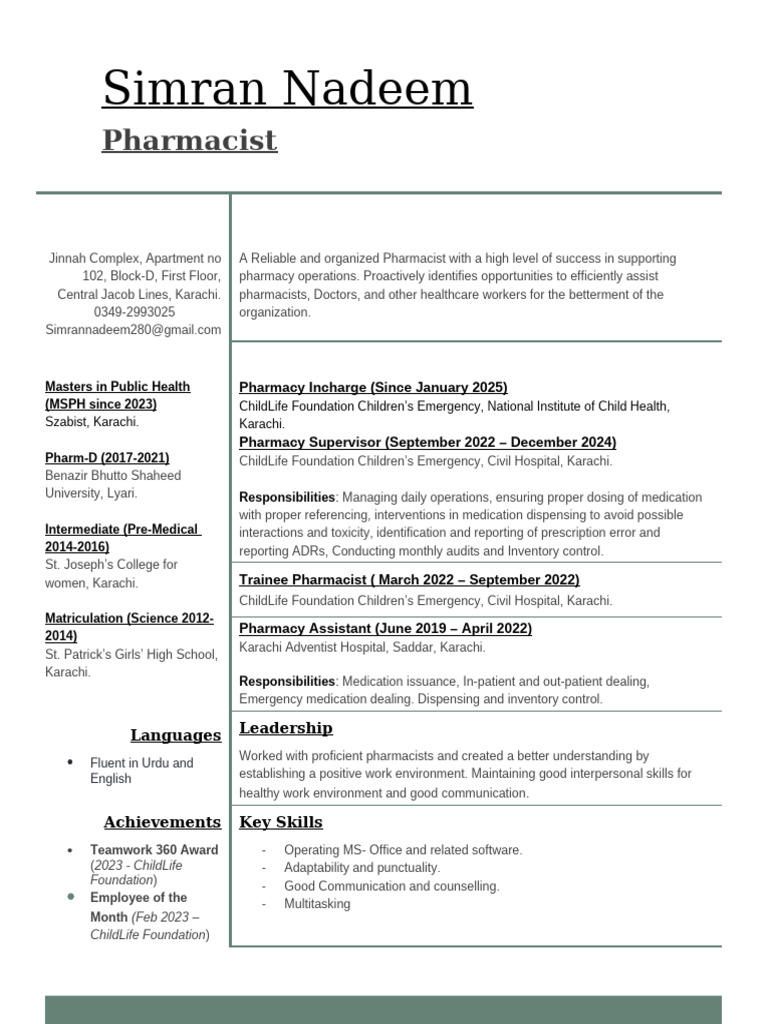 Simran Nadeem CV 2024 | PDF | Pharmacy | Pharmacist