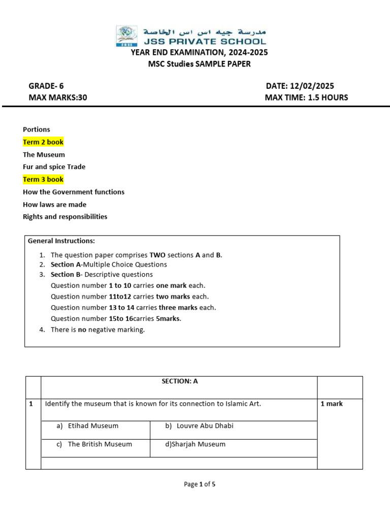 GRADE 6 MSCS SAMPLE PAPER - Year End | PDF
