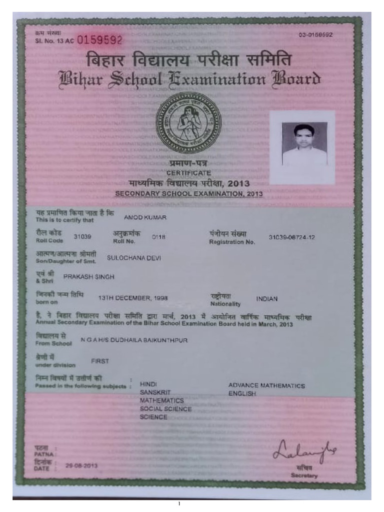 Amod Matrik Certificate | PDF