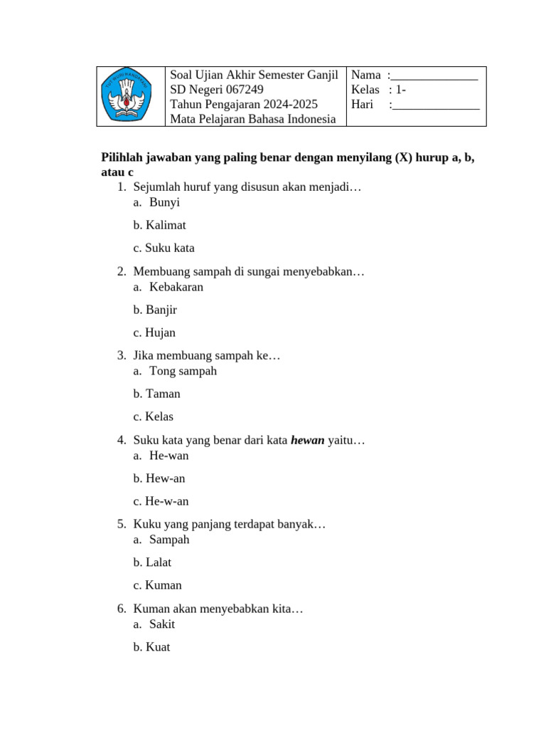 Soal Ujian Akhir Semester Ganjil Kelas 1 TA. 2024-2025 | PDF
