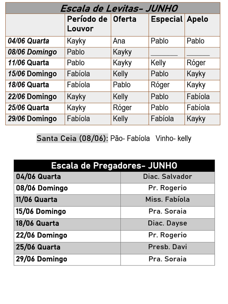 Escala de Levitas e Pregadores Junho | PDF