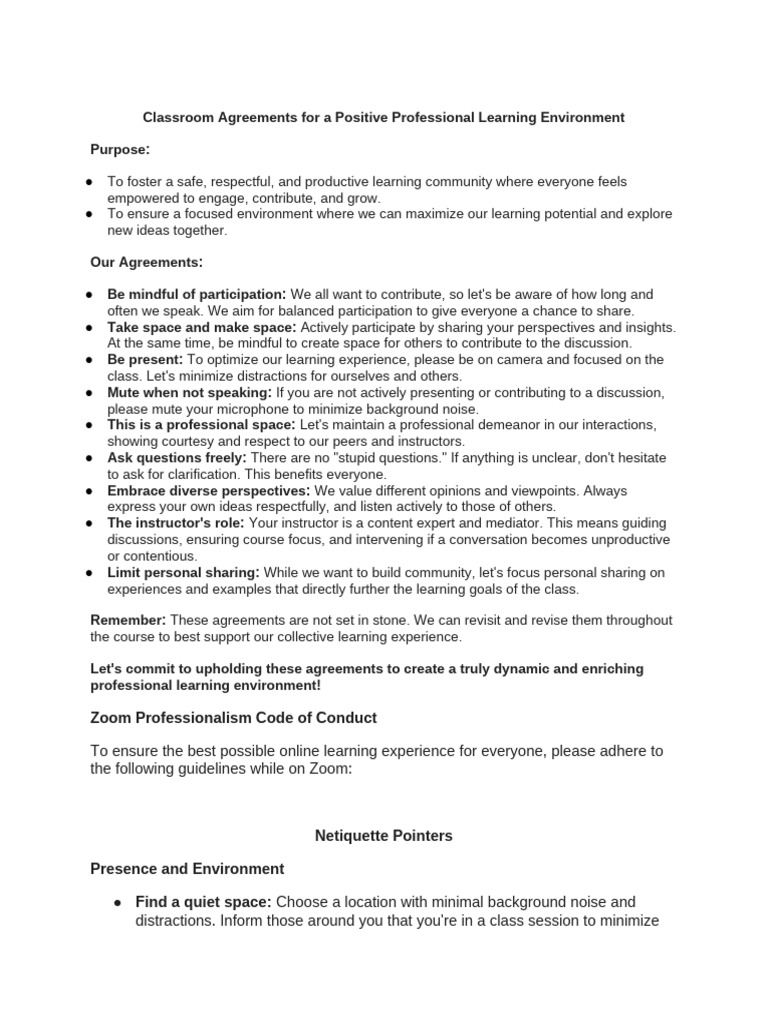 Classroom Agreements For A Positive Professional Learning Environment | PDF | Learning | Social ...