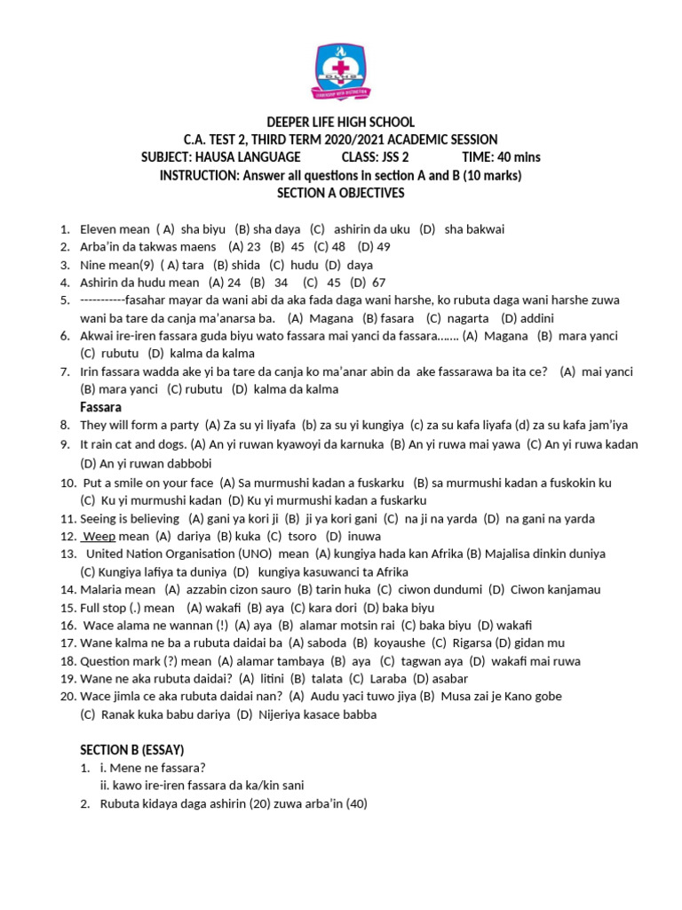 Hausa Basic 8 Cat 2 Third Term 2020 2021 Session | PDF