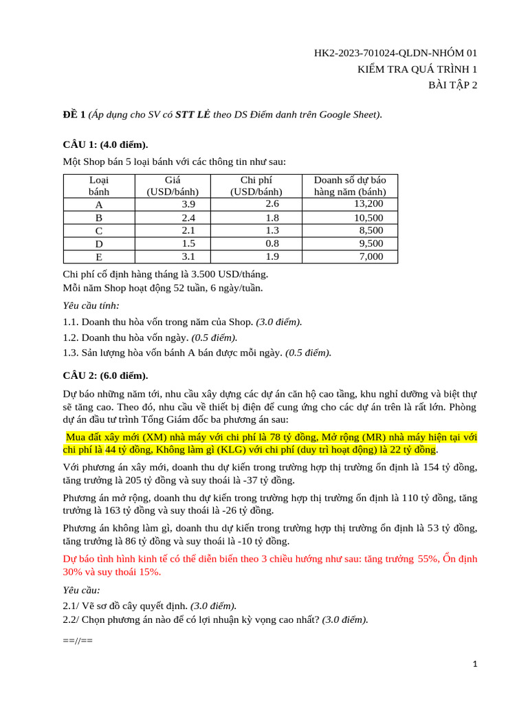 Đề 1 - BT2 - BEP - EMV - N01 - HK2 | PDF