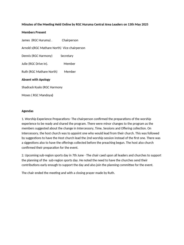 RGC Huruma Meeting Minutes - May 2025 | PDF