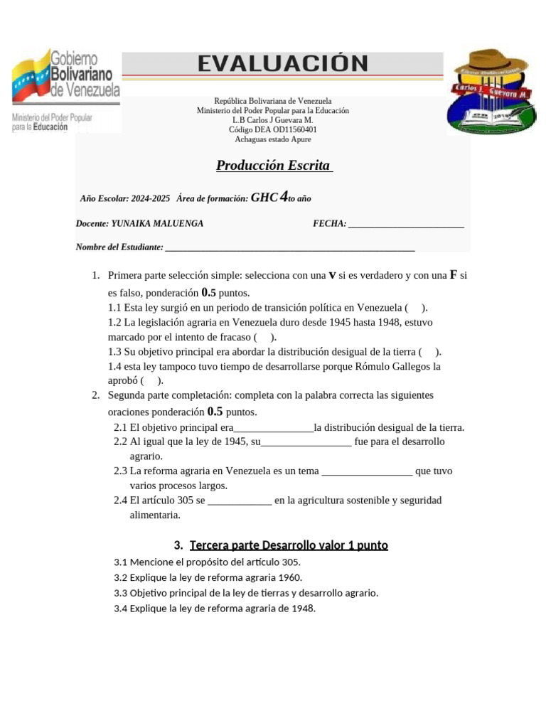 Prueba de GHC 4to Año 2024-2025 | PDF