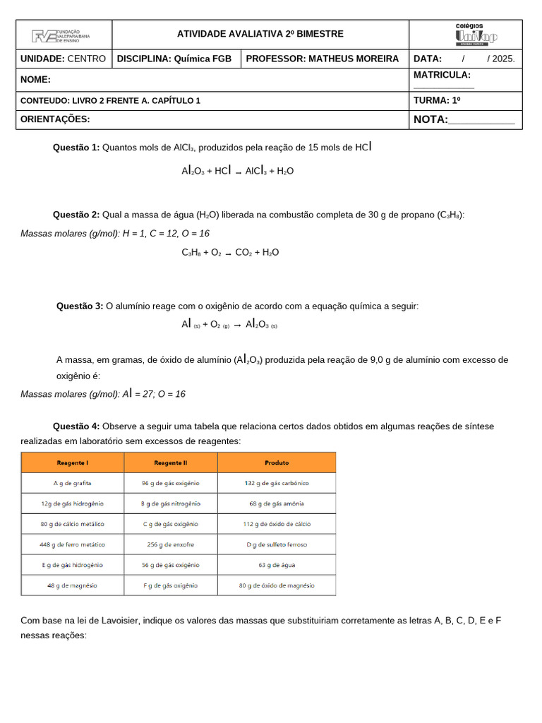 Lista Extra 2º Bimestre - Estequiometria | PDF