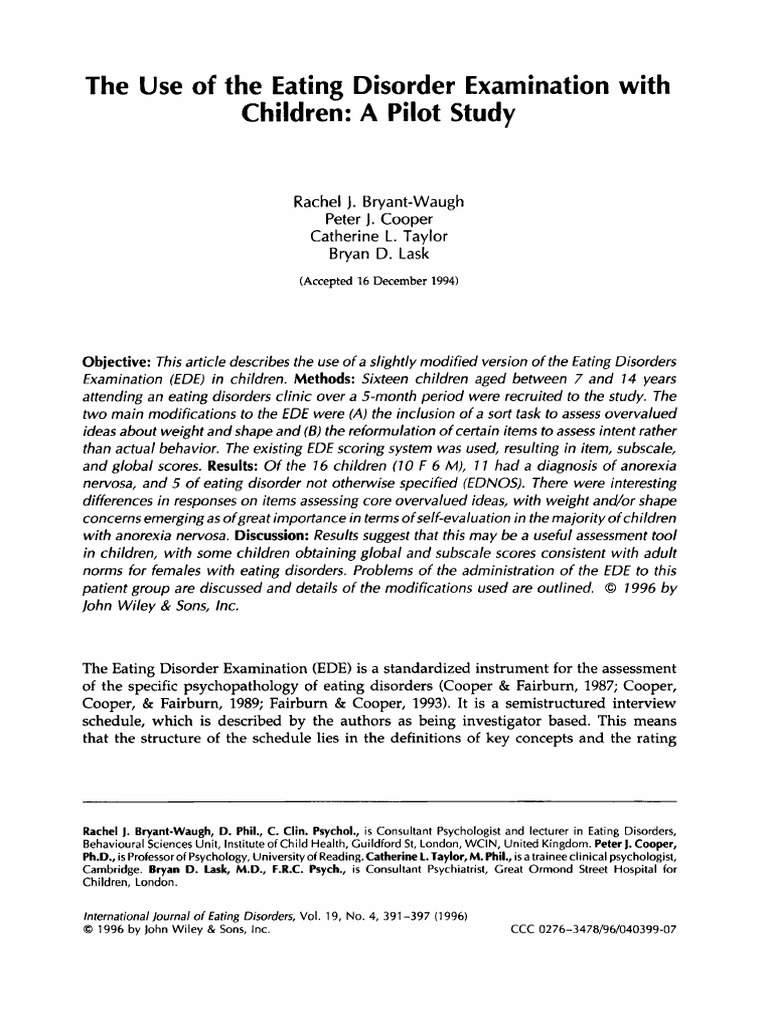 The Use of The Eating Disorder Examination With Children - A Pilot ...
