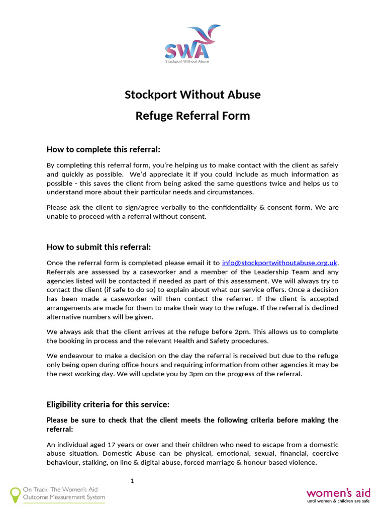SWA Refuge Referral Form (April 2023) | PDF | Domestic Violence | Violence