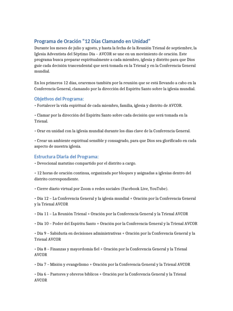 Programa 12 Dias AVCOR Modificado | PDF | Oración | Iglesia cristiana