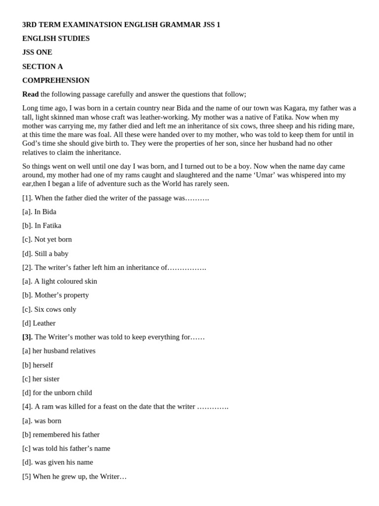 3rd Term Examination English Grammar Jss 1 | PDF