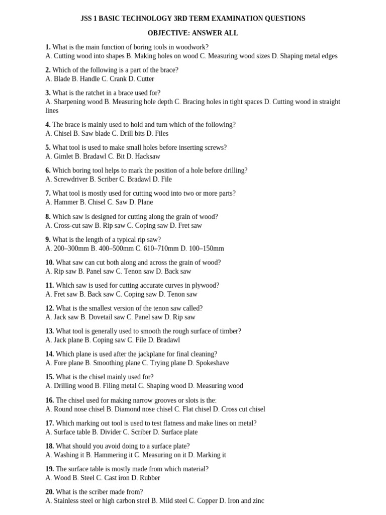 Jss 1 Basic Technology 3rd Term Examination Questions | PDF ...