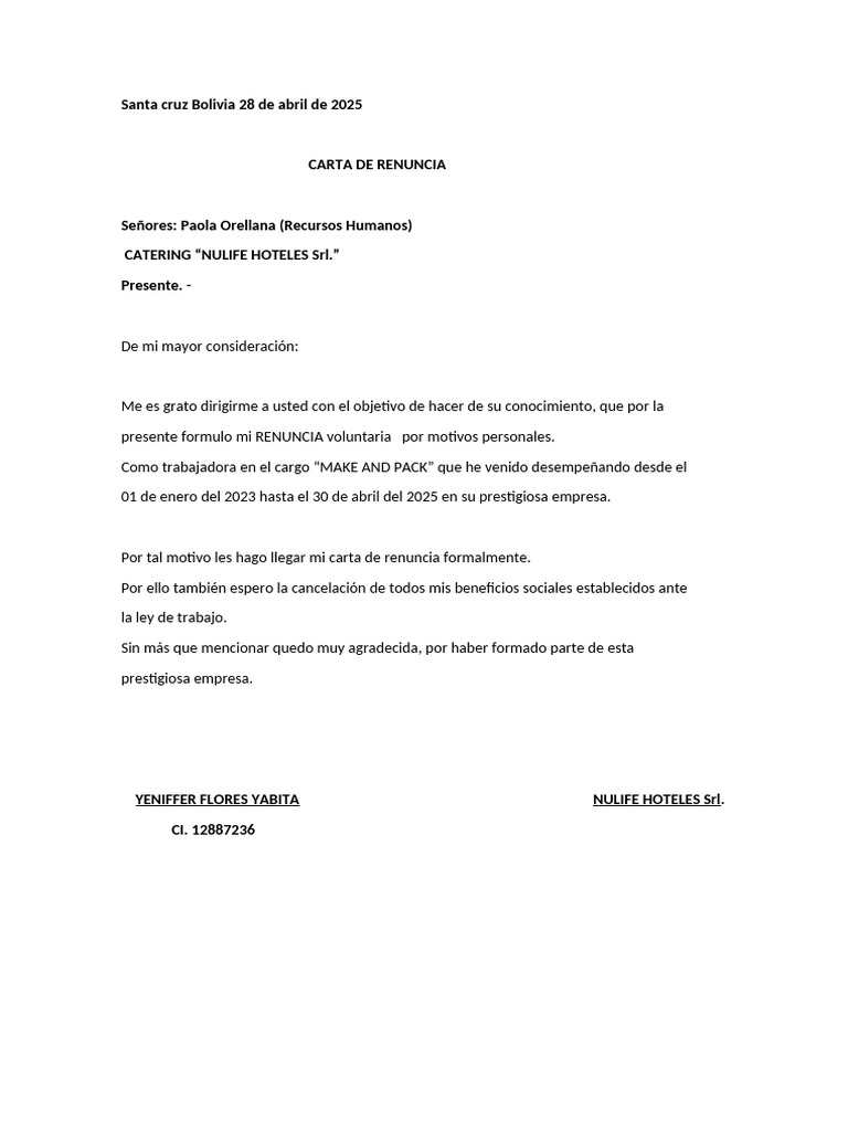 Carta de Renuncia Yeni | PDF