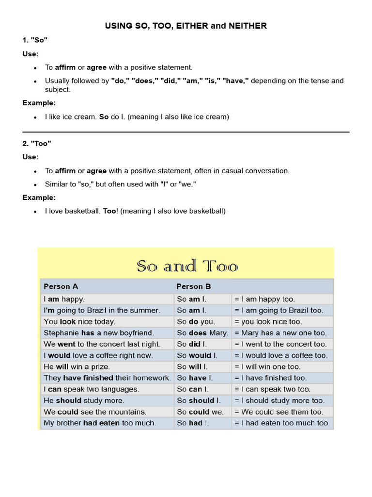 Using So, Too, Either and Neither | PDF