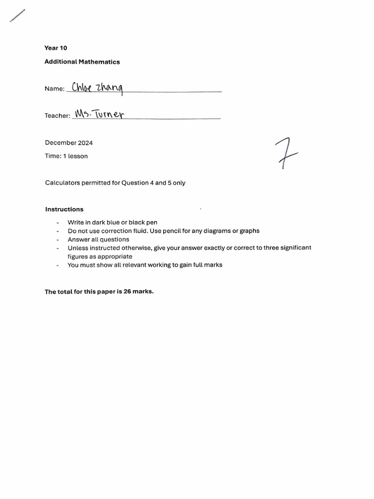Chloe Zhang Add Maths Test 1 | PDF