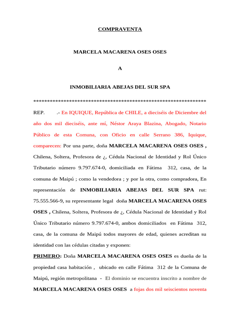 Borrador Compraventa Al Contado MARCELA OSES Chile | PDF | Condominio ...
