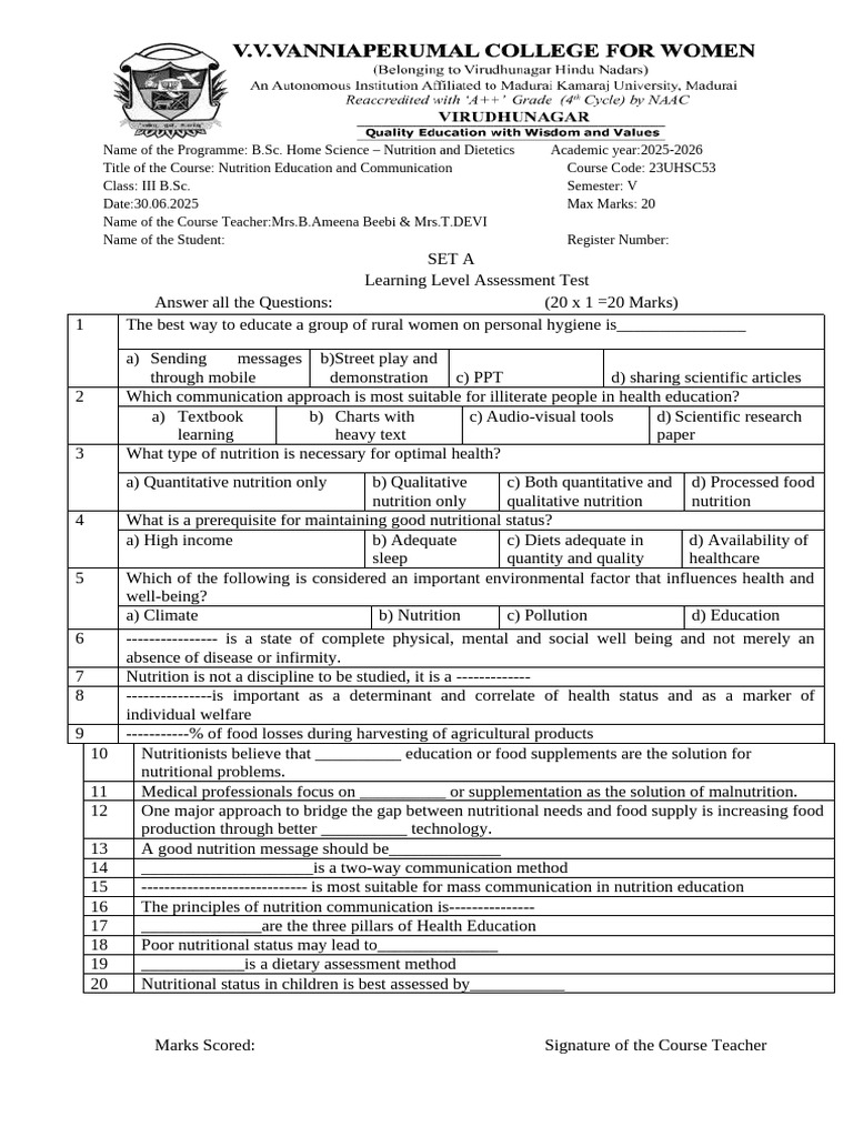 25-26 NEC Learning Level Assessment Test | PDF | Food Security ...